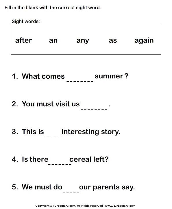 Choose A Sight Word To Complete The Sentence Turtle Diary Worksheet Choose A Sight Word To Complete The Sentence Turtle Diary Worksheet