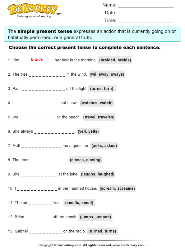 Choose The Correct Present Tense To Complete The Sentence Turtle Choose The Correct Present Tense To Complete The Sentence Turtle
