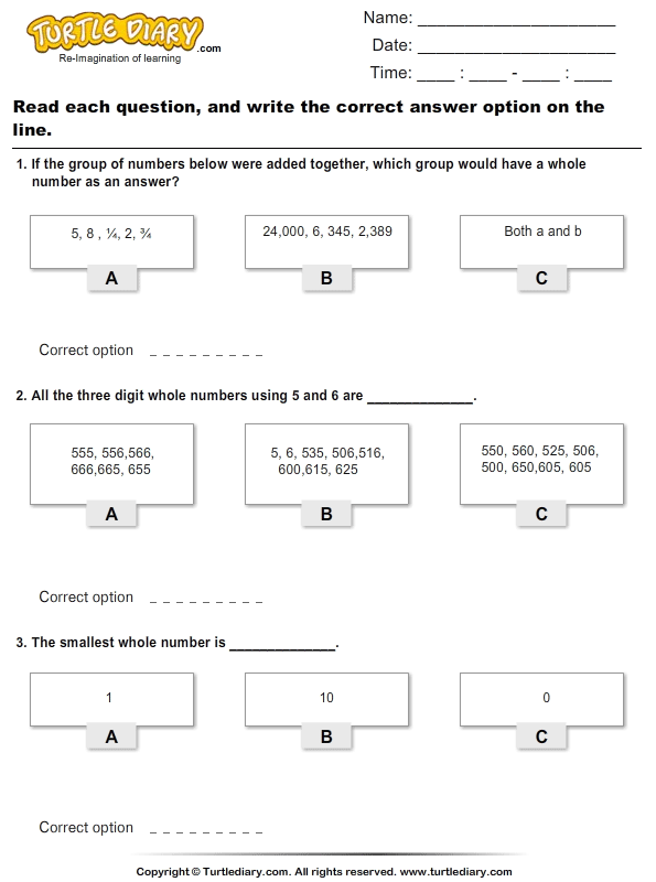 Identifying Whole Number Turtle Diary Worksheet