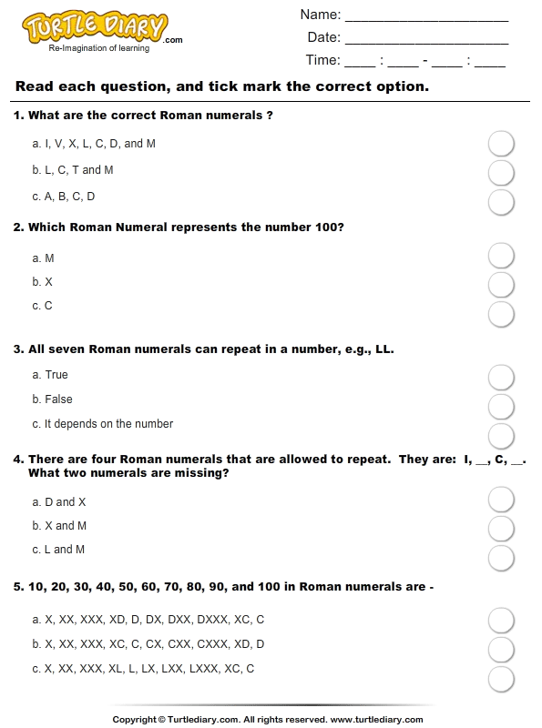 Roman Numerals Up To Ten Thousands Turtle Diary Worksheet