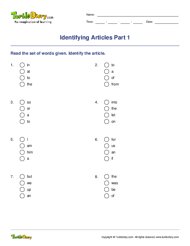Identifying Articles Part 1 | Turtle Diary Worksheet