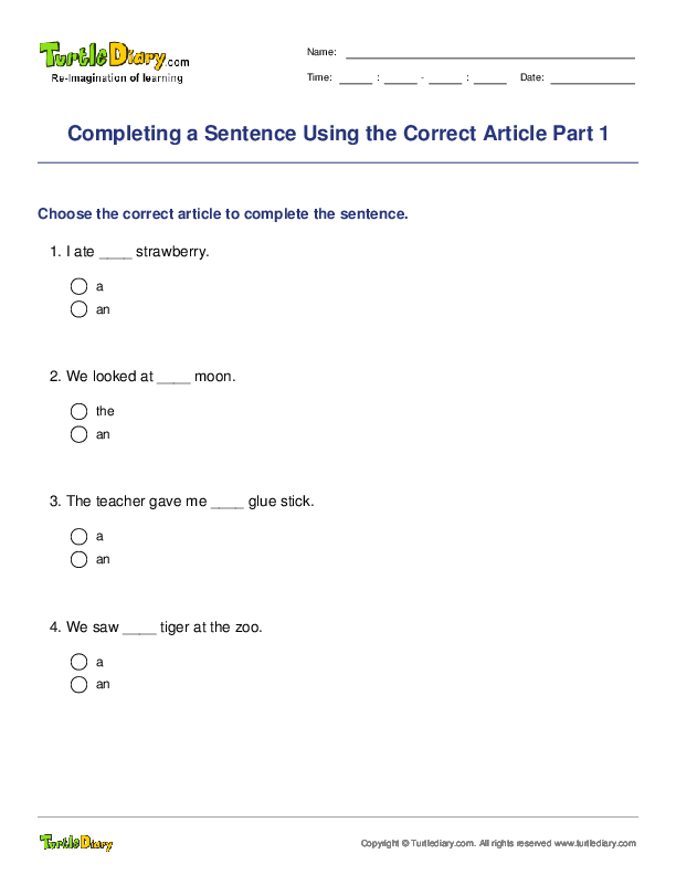 Completing a Sentence Using the Correct Article Part 1 | Turtle Diary ...